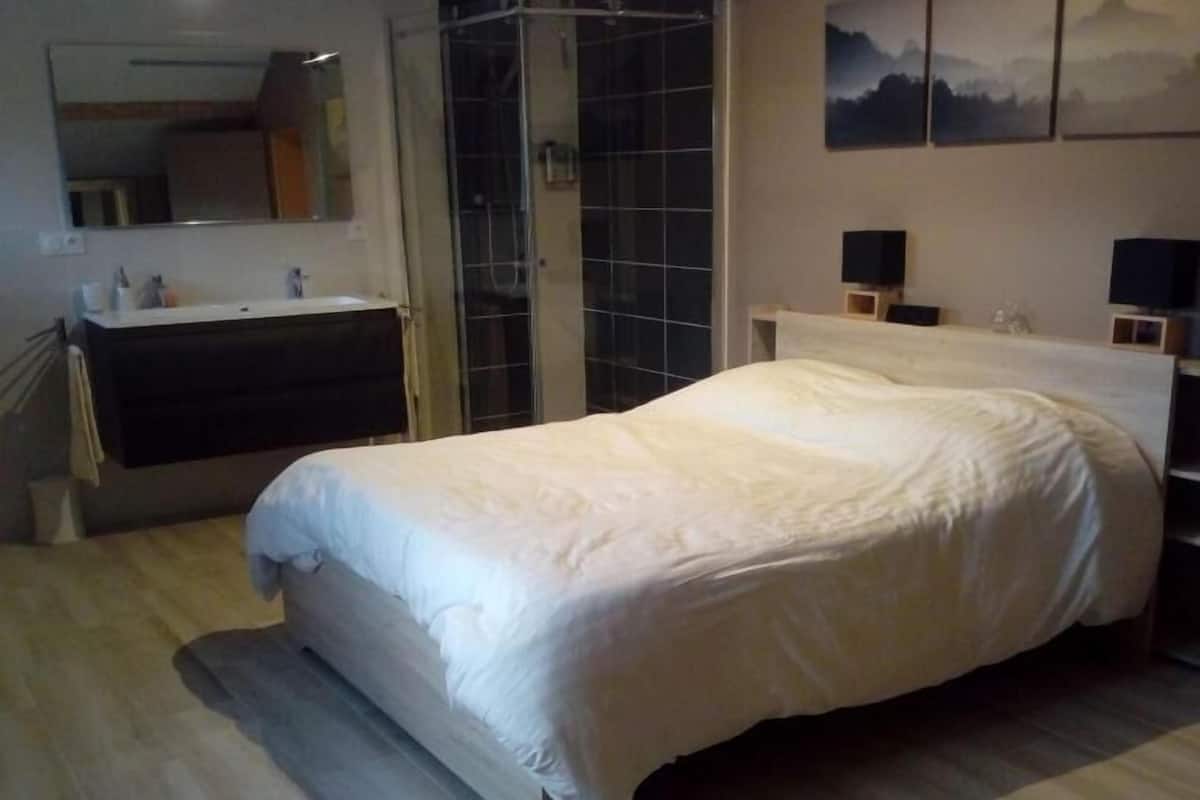 Quarto moderno com cama grande, chuveiro tipo box, toucador com espelho e TV fixada na parede.