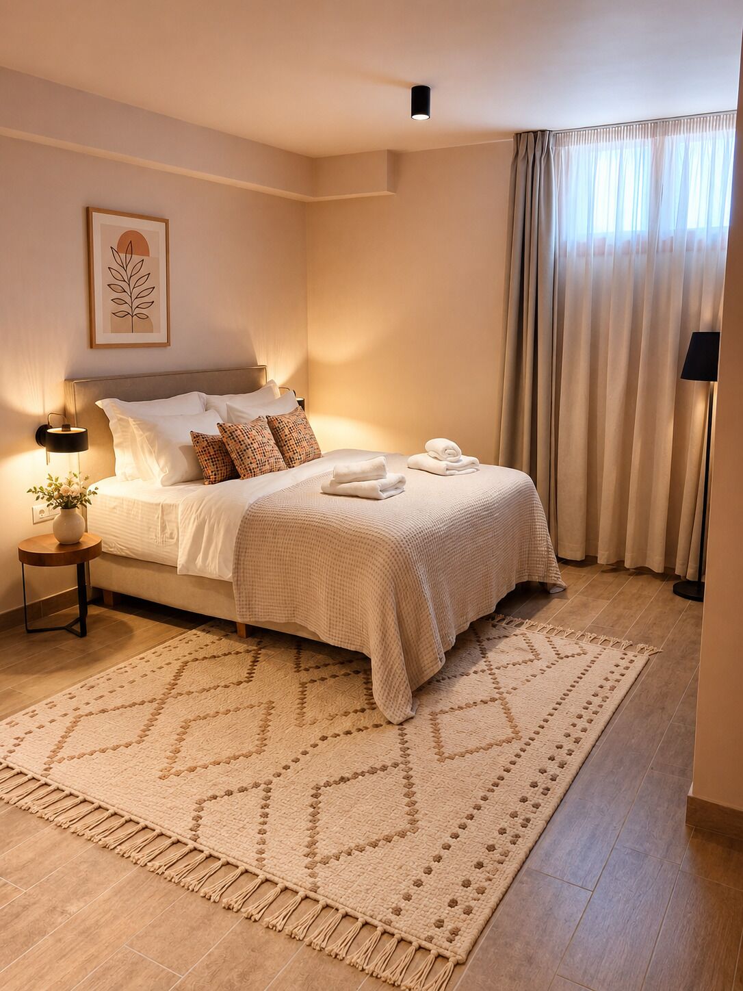 Quarto bem arrumado com cama, mesa de cabeceira, abajur e um objeto decorativo na parede.