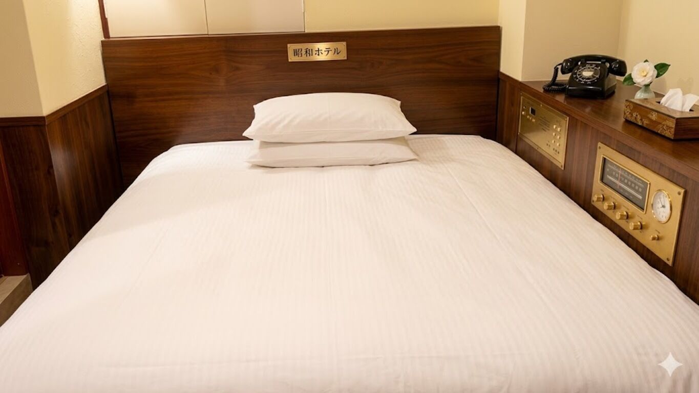 Uma cama bem arrumada com cabeceira de madeira, um telefone ao lado da cama e uma mesinha com um relógio e uma caixa de lenços.