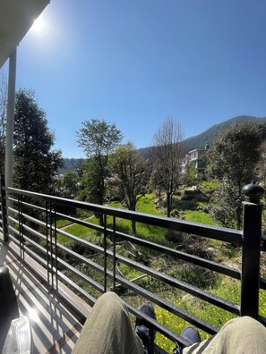 Varanda com guarda-corrimão de metal, vista para uma paisagem verde com árvores e uma montanha ao fundo.