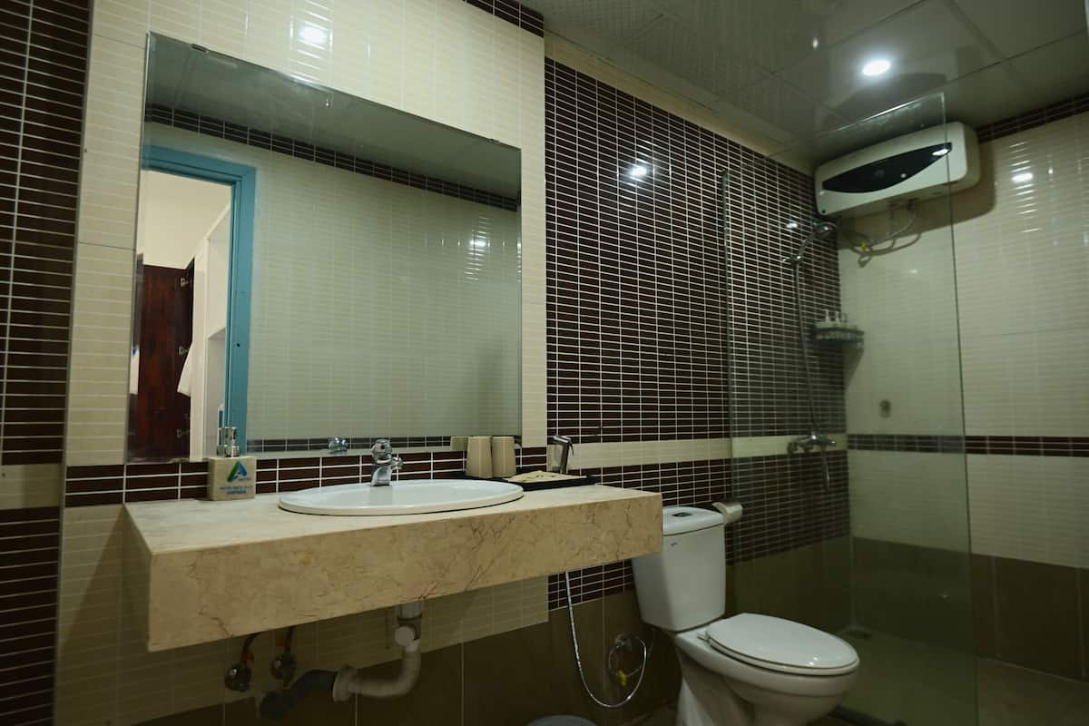 Chuveiro, secador de cabelo, sabonete, shampoo