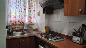 Apartamento clássico, sacada, vista para a cidade | Cozinha privada | Geladeira grande, micro-ondas, fogão, lava-louças