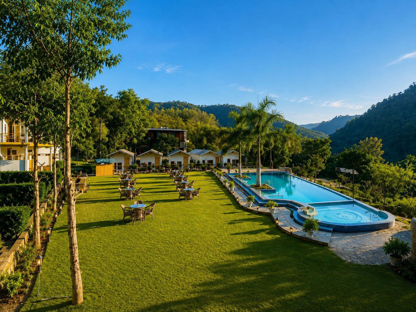Um resort com piscina, área de estar externa e vista para as colinas ao redor.