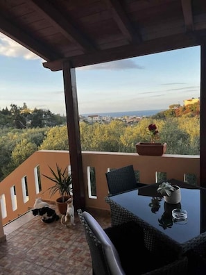 Uma área de estar coberta ao ar livre com uma mesa, cadeiras, um vaso de planta e vista para uma paisagem com edifícios e árvores.