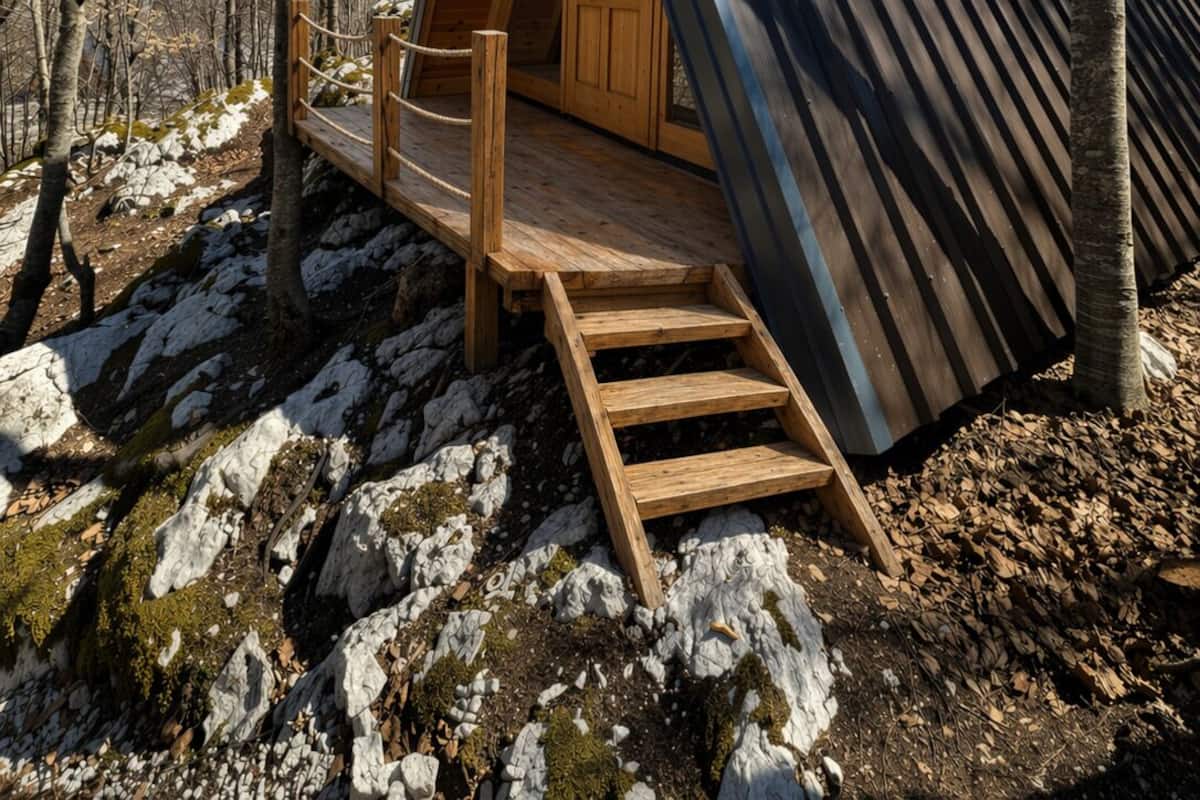 Uma cabana com telhado inclinado, deck de madeira e escada que leva à entrada.