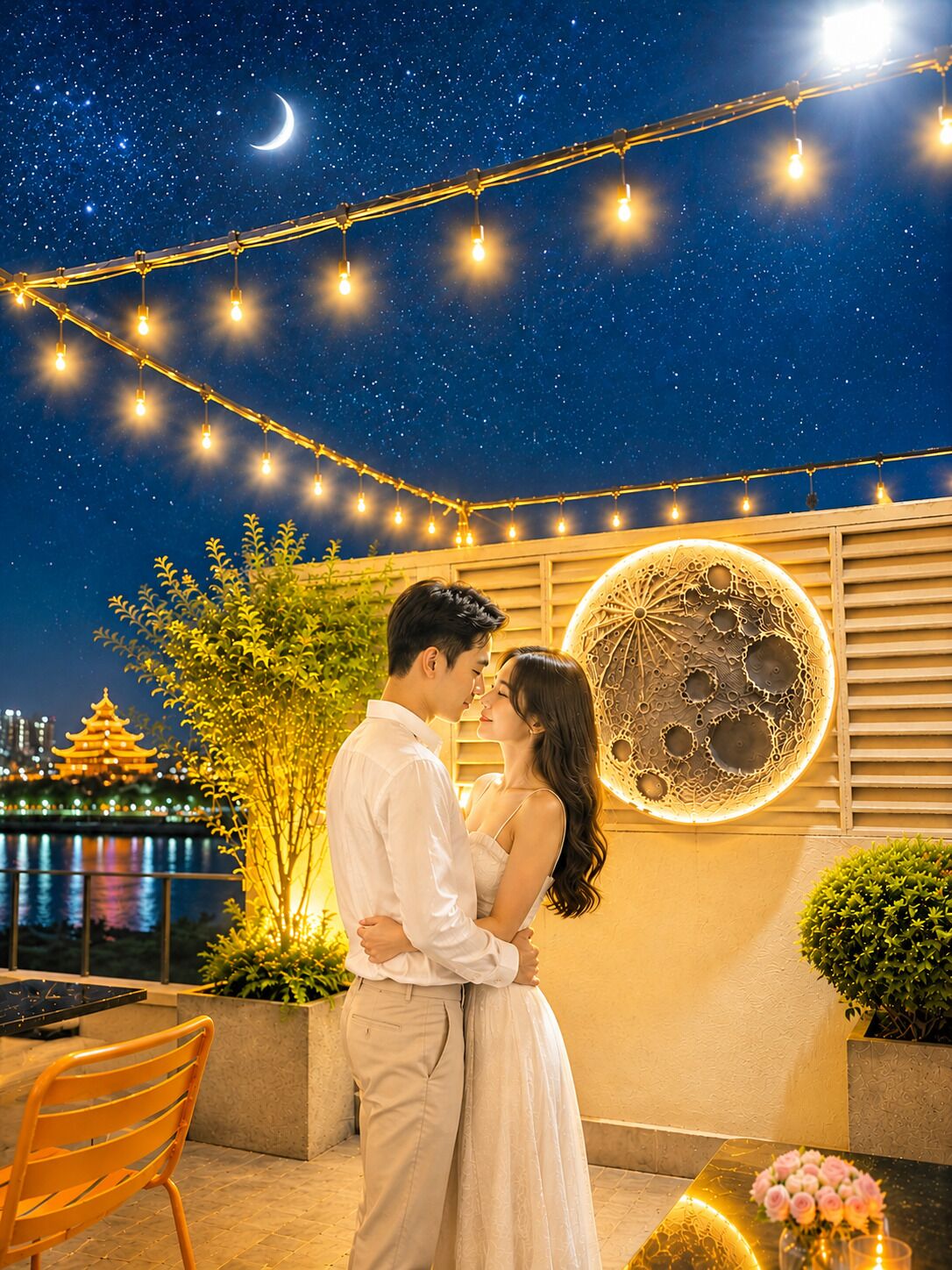 Um casal se abraçando sob luzes de corda, com uma estrutura decorativa em forma de lua ao fundo.