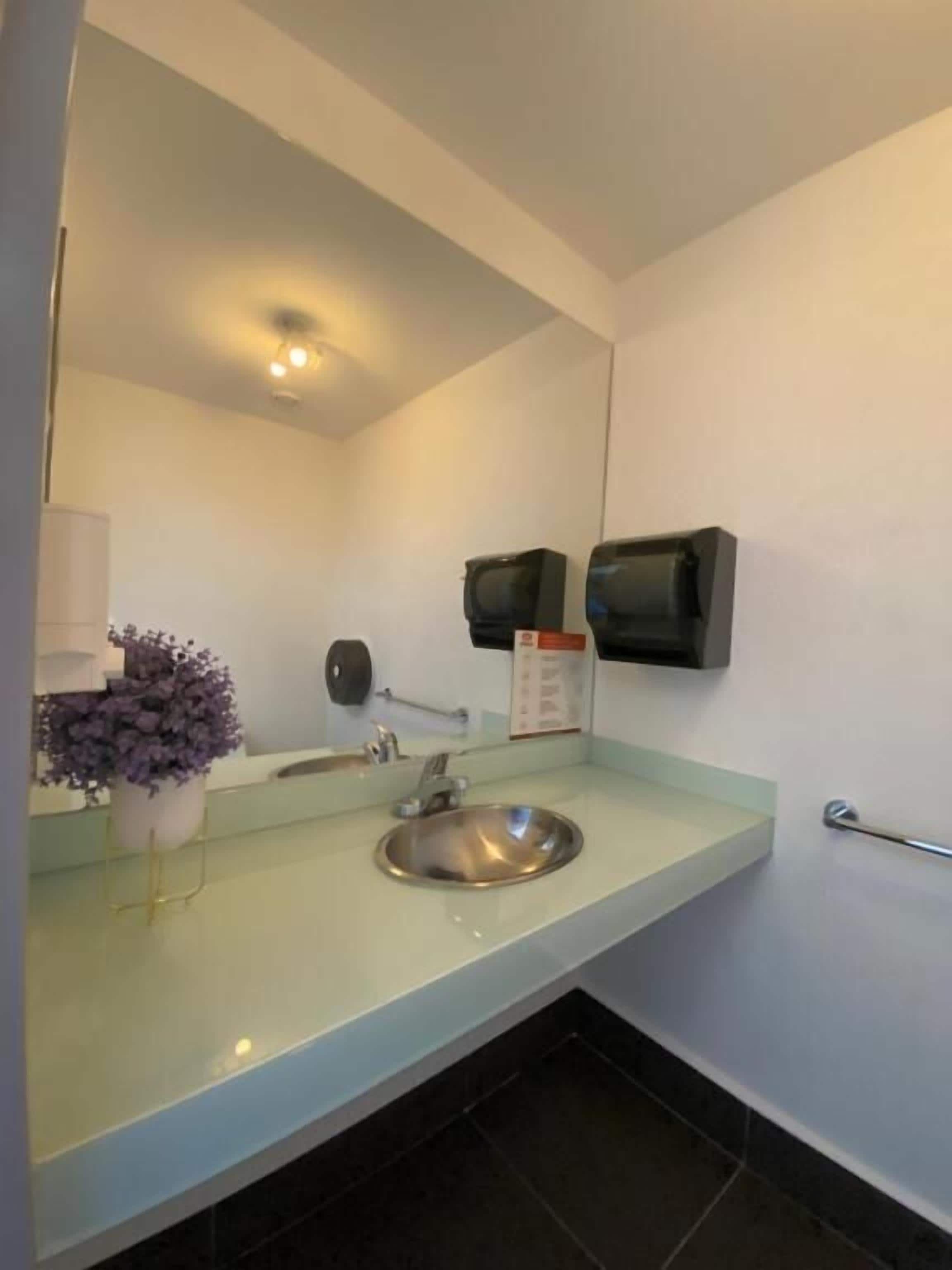 Um banheiro moderno com bancada de vidro, pia de aço inoxidável, espelho, planta em vaso e porta-toalhas.