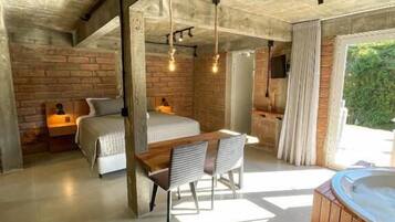 Suite, varanda, vista para o jardim