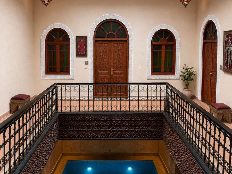 A pool area with a wooden deck, a staircase, and a decorative railing.