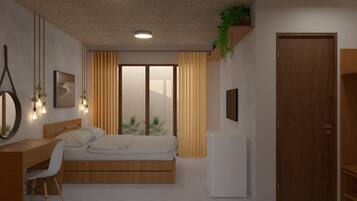 Quarto triplo standard, vista para o jardim | Espaço de trabalho para notebook, Wi-Fi de cortesia