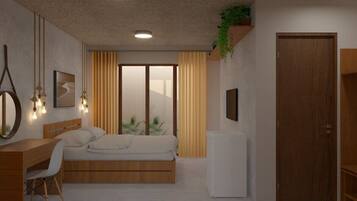 Quarto triplo standard, vista para o jardim | Espaço de trabalho para notebook, Wi-Fi de cortesia