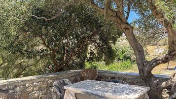 Área de estar externa com mesa de pedra e cadeiras de vime, cercada por oliveiras.