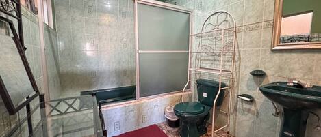 Casa de banho com chuveiro, sanita, lavatório e porta de vidro para varanda.