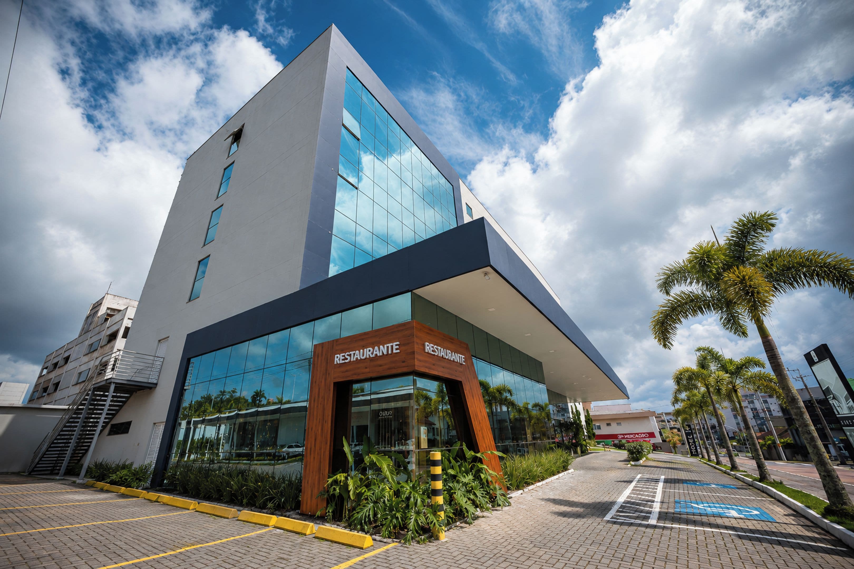 Um edifício moderno com fachada de vidro, entrada de madeira e área de estacionamento com sinal de vaga para deficientes.