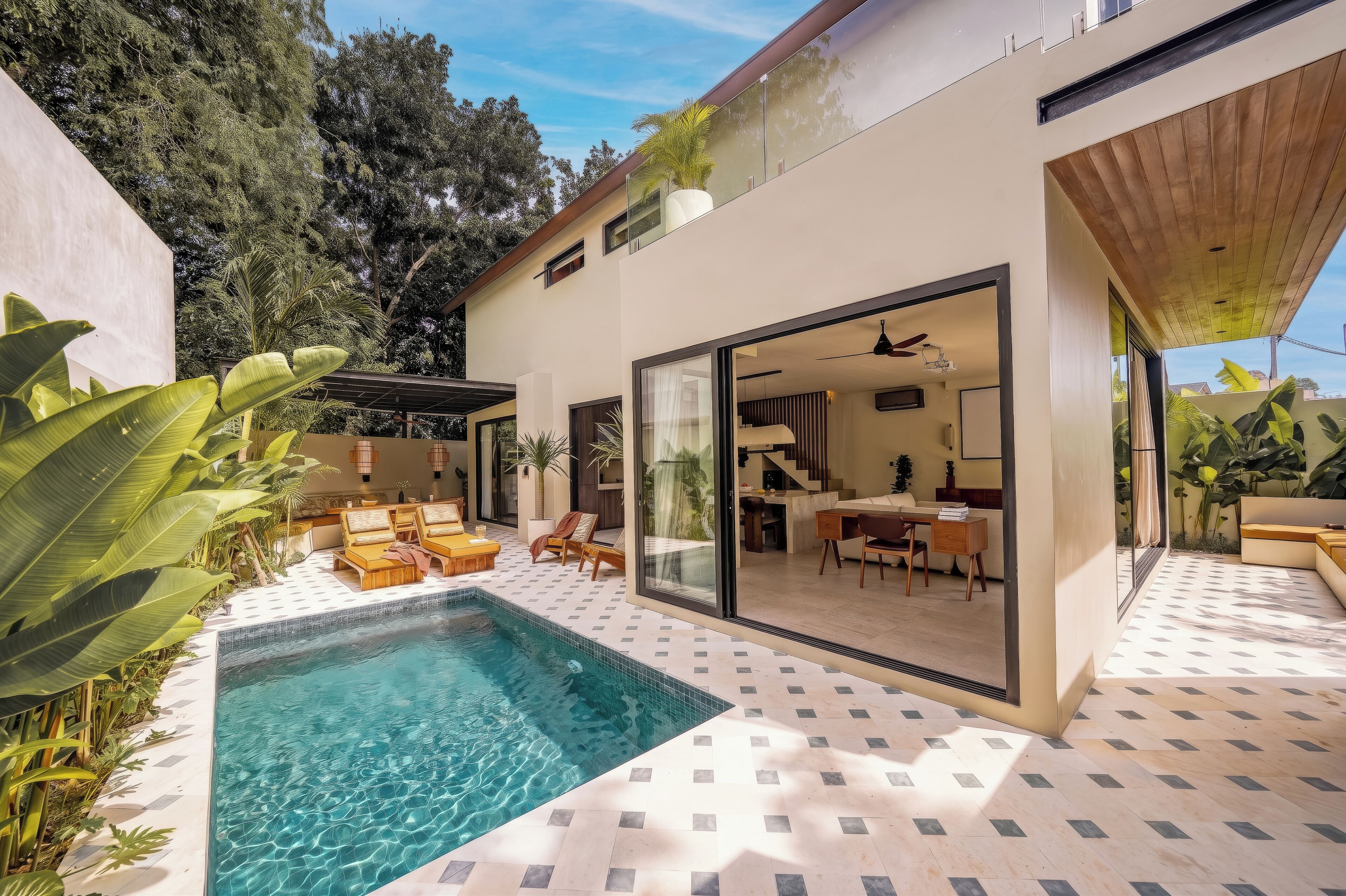 Terraço com espreguiçadeiras