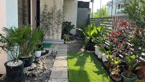 Um jardim bem cuidado, com diversos vasos de plantas, um pequeno gramado e um caminho de pedra que leva à entrada do edifício.