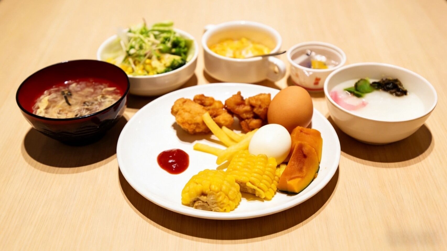 Um prato com frango frito, milho, ovo e batatas fritas.