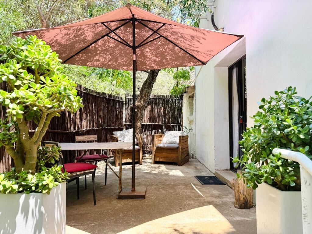 Um pátio externo com mesa, cadeiras, um guarda-sol grande e plantas em vasos.