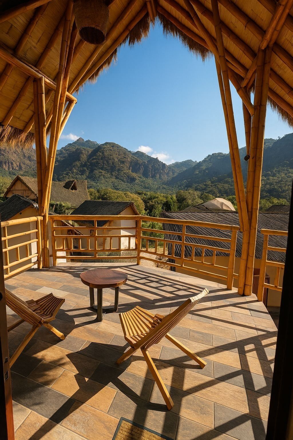 Um deck de madeira com mesa e cadeiras, com vista para uma paisagem montanhosa.