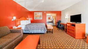 Quarto de hotel com cama, escrivaninha, televisão, sofá e carpete estampado.
