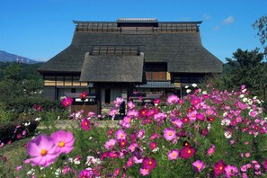 Um edifício japonês tradicional com telhado de palha, cercado por um jardim com flores cor-de-rosa e brancas.