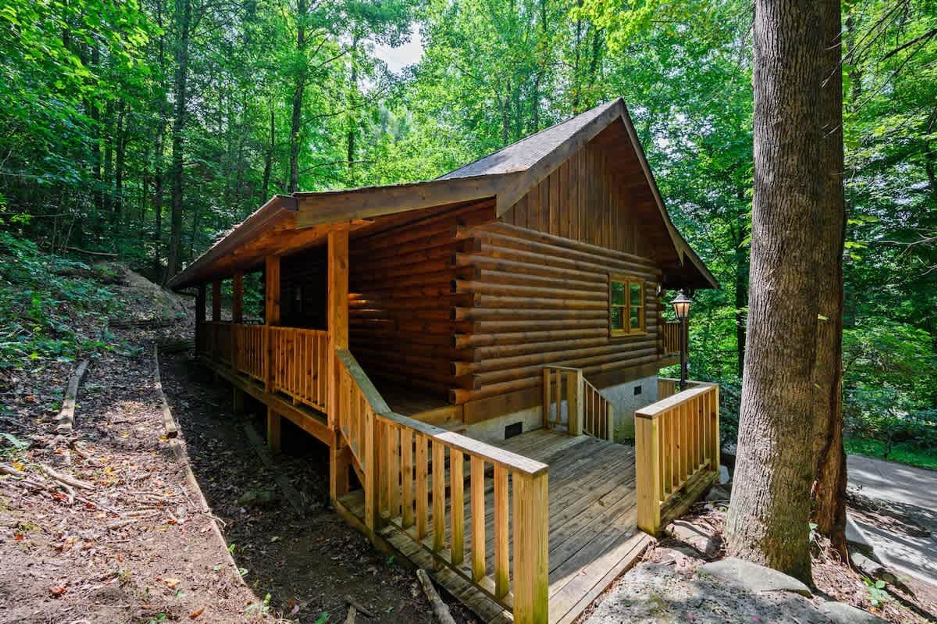 Uma cabana de toras com varanda e um pequeno alpendre, rodeada por uma floresta densa.
