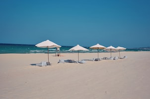 Uma praia com guarda-sóis brancos e espreguiçadeiras listradas.