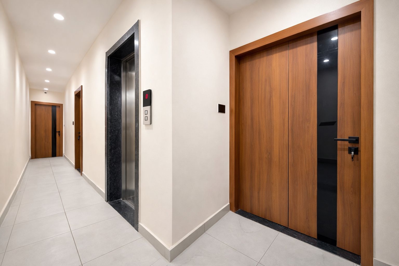 Um corredor com porta de madeira, elevador preto e interruptor de luz na parede.