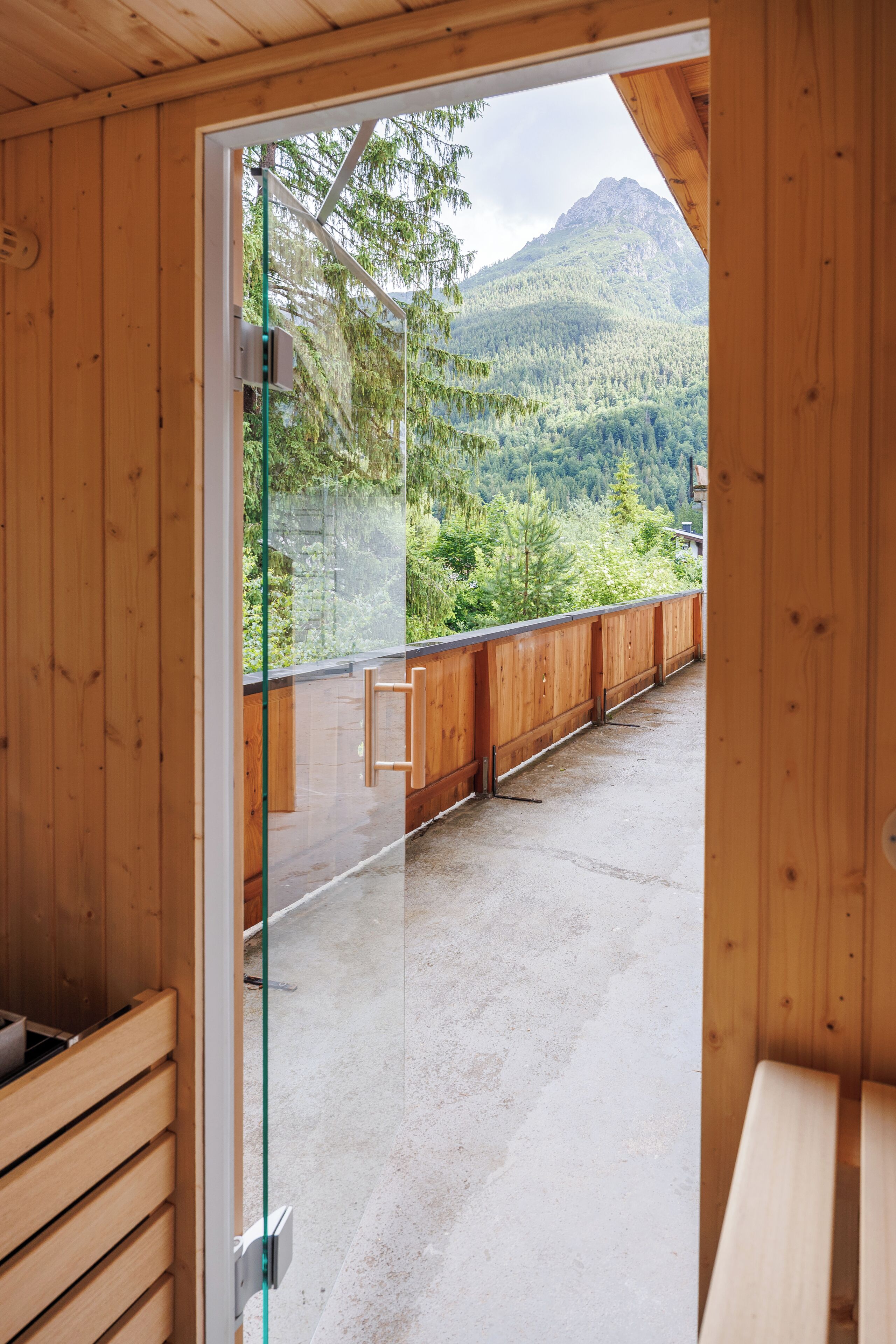Interior em madeira com porta de vidro que dá para uma varanda externa com vista para uma montanha arborizada.