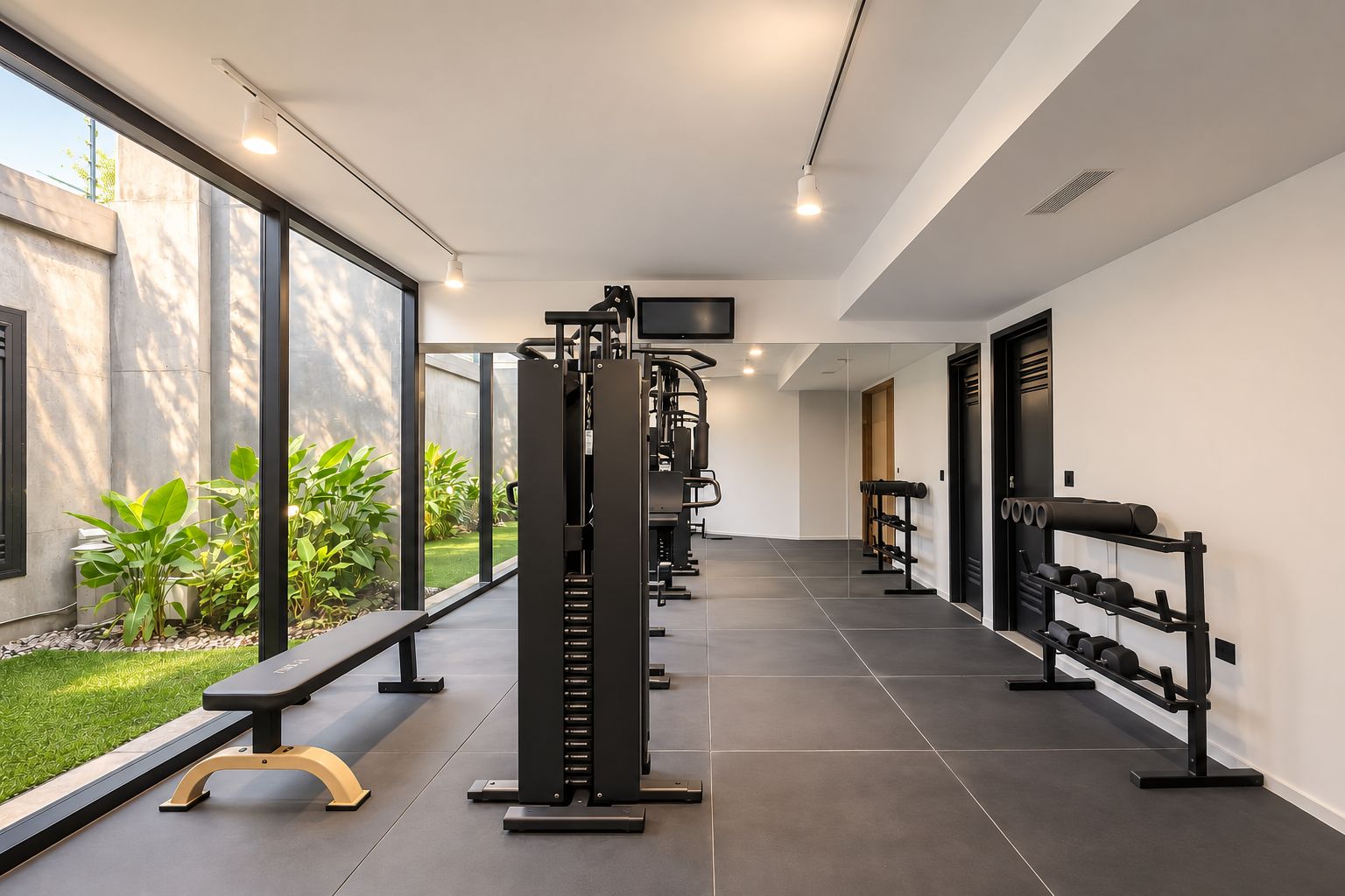Academia moderna com equipamentos de ginástica, grandes janelas e vista para o exterior.