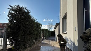 Uma estreita passagem de tijolos que leva a um edifício com uma estátua de leão de pedra e uma caixa de correio na parede.