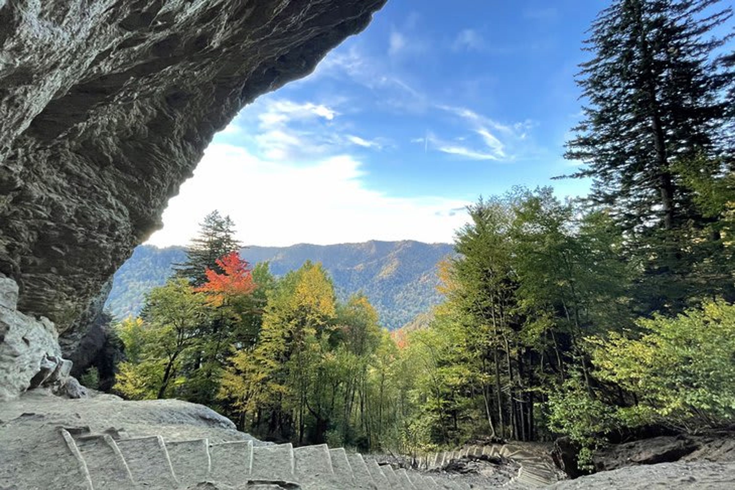 Paisagem natural com formação rochosa, árvores e uma cadeia de montanhas ao fundo.