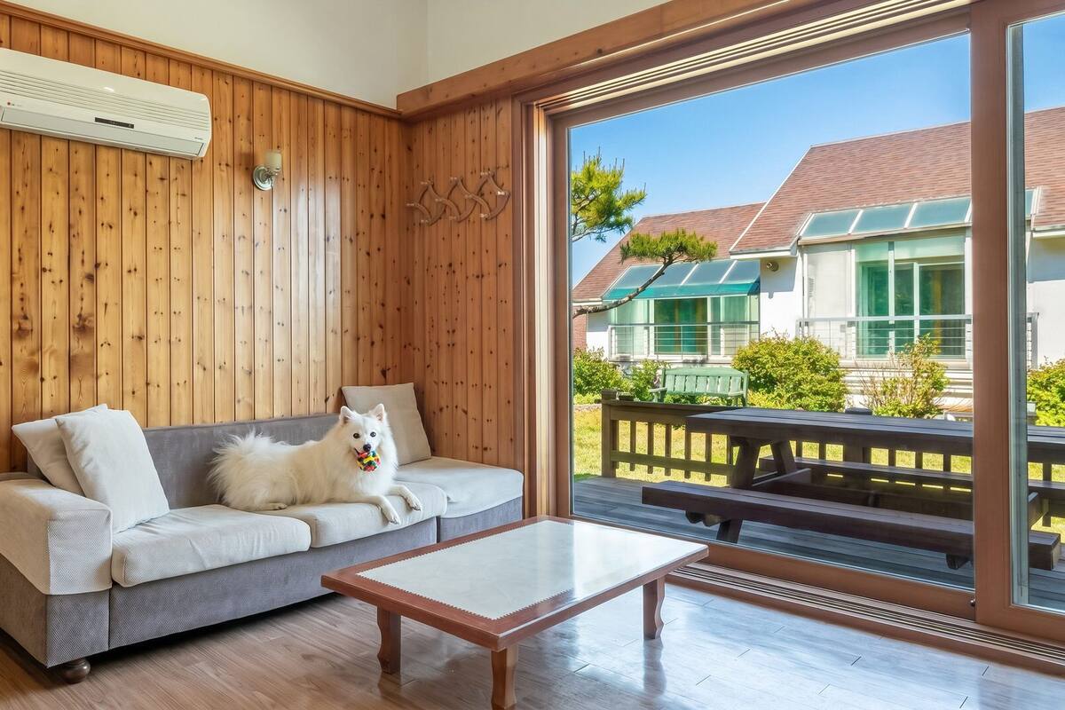 Um quarto com painéis de madeira, um sofá, uma mesa e um cão.