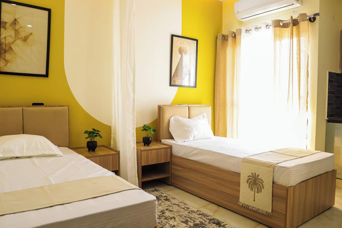 Quarto de hotel com duas camas, uma mesa de cabeceira, um vaso de planta, um quadro e um aparelho de ar condicionado.