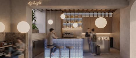 Uma área de bar com balcão de recepção, banquetes e uma variedade de garrafas.