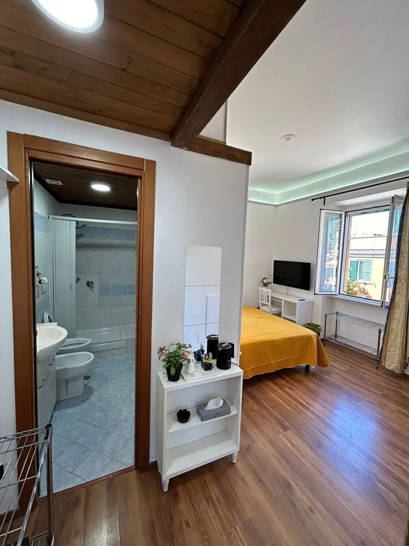 Quarto com cama, televisão, prateleira pequena branca, janela e banheiro com chuveiro e vaso sanitário.
