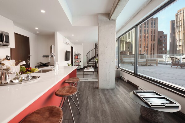 Penthouse, terraço | Cozinha privada | Um frigorífico/congelador grande, um micro-ondas, um forno 