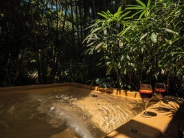 Uma banheira de hidromassagem com água, rodeada por vegetação exuberante.