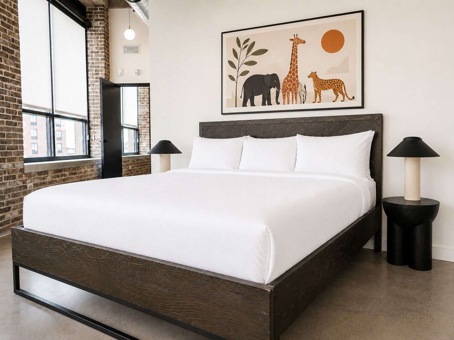 Quarto de hotel moderno com parede de tijolos, uma cama grande, duas mesas de cabeceira com luminárias e uma obra de arte na parede retratando animais.