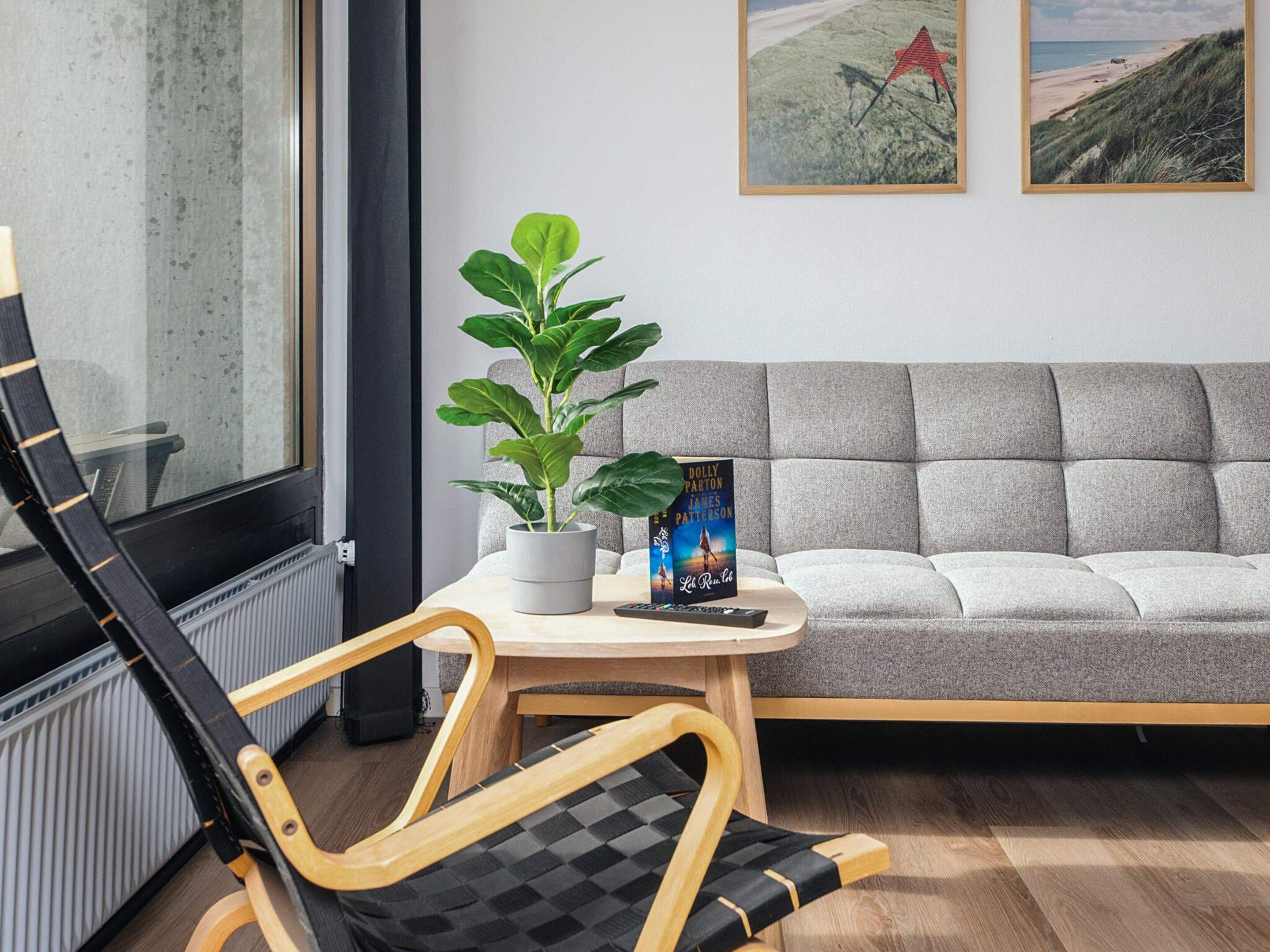 Uma sala de estar moderna com um sofá, uma cadeira de madeira, um vaso com planta, uma mesinha e um livro.