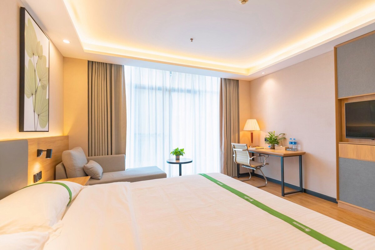 Quarto de hotel com uma cama grande, uma escrivaninha, uma cadeira, uma mesinha com uma planta e uma televisão.