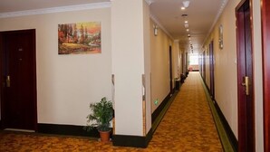 Um corredor de hotel com piso carpeteado, portas em ambos os lados, um quadro na parede esquerda e um vaso de plantas.