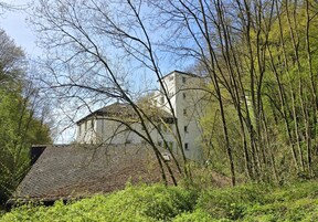 Um edifício com telhado inclinado, cercado por vegetação densa.