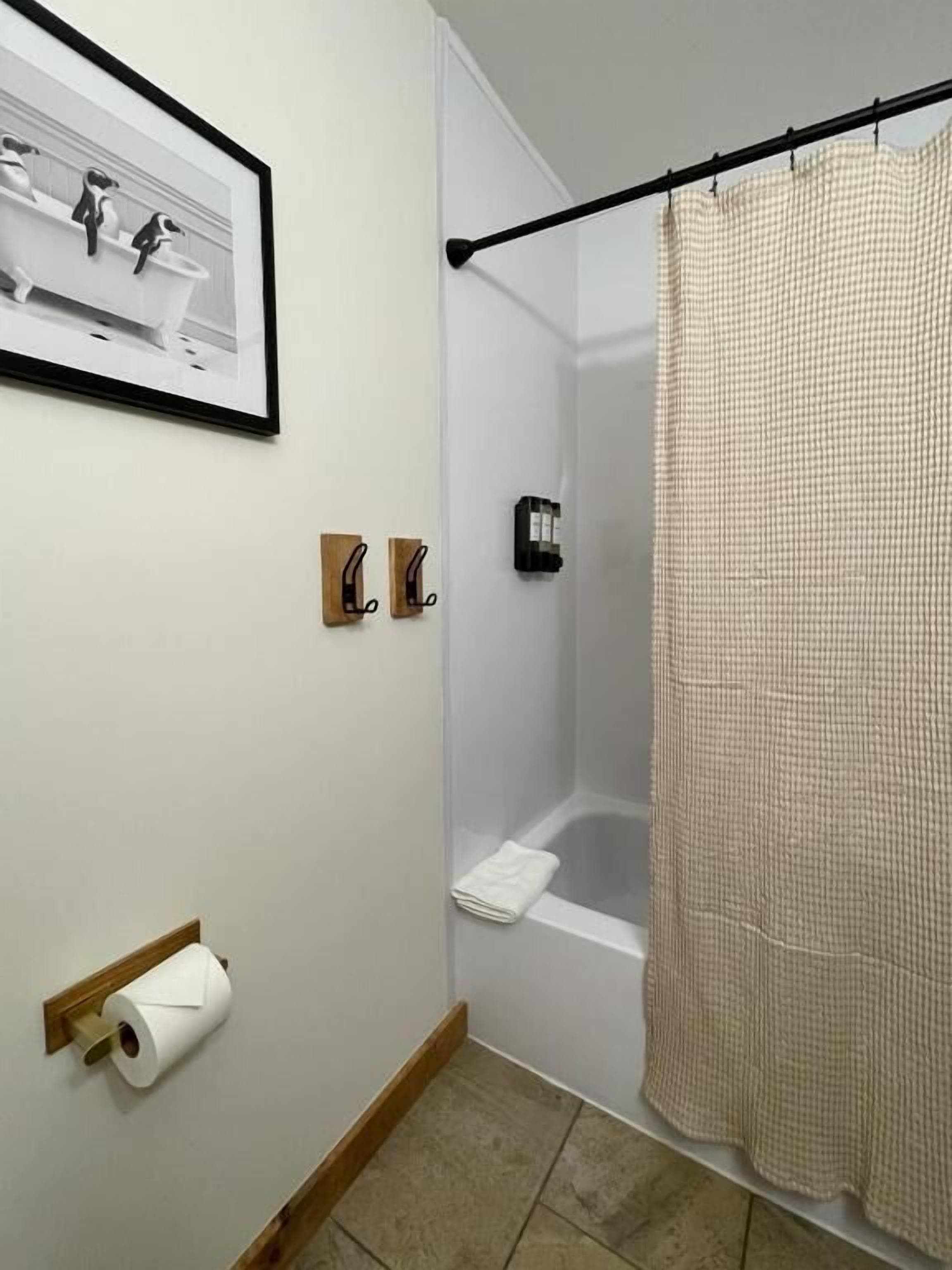 Casa de banho com cortina de chuveiro, suporte de papel higiénico, um quadro emoldurado e um porta-toalhas.