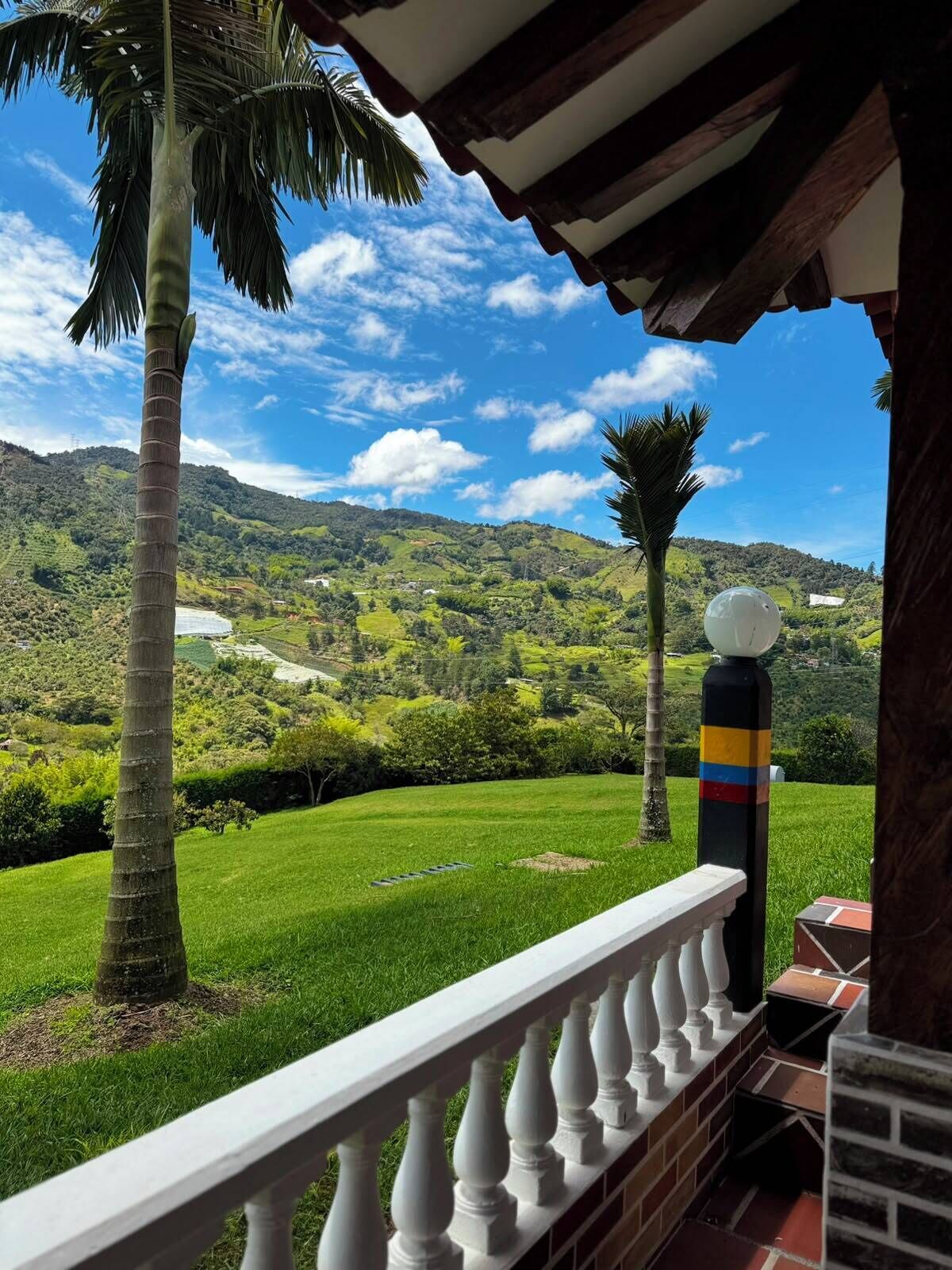 Uma varanda com vista para uma paisagem verde exuberante, uma palmeira e uma cordilheira.