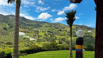 Uma varanda com vista para uma paisagem verde exuberante, uma palmeira e uma cordilheira.