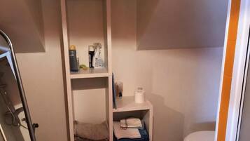 Casa de banho com sanita, uma prateleira com artigos de higiene e um degrau a levar para a área do chuveiro.