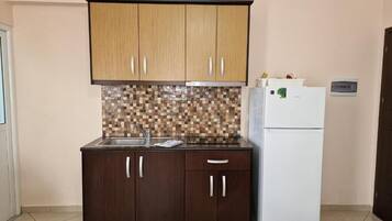 Quarto casal econômico, sacada, vista para o lago | Cozinha privada | Geladeira