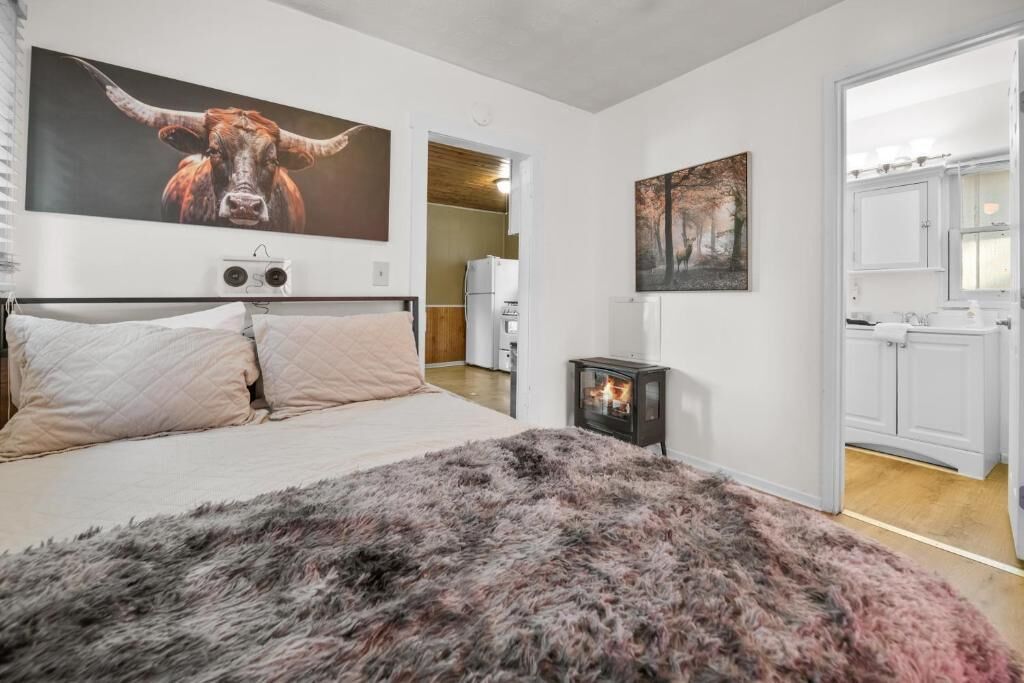 Quarto com cama, tapete fofo, aquecedor fixado na parede e obras de arte.