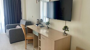 Quarto de hotel com escrivaninha, cadeira, televisão e dois vasos de plantas.